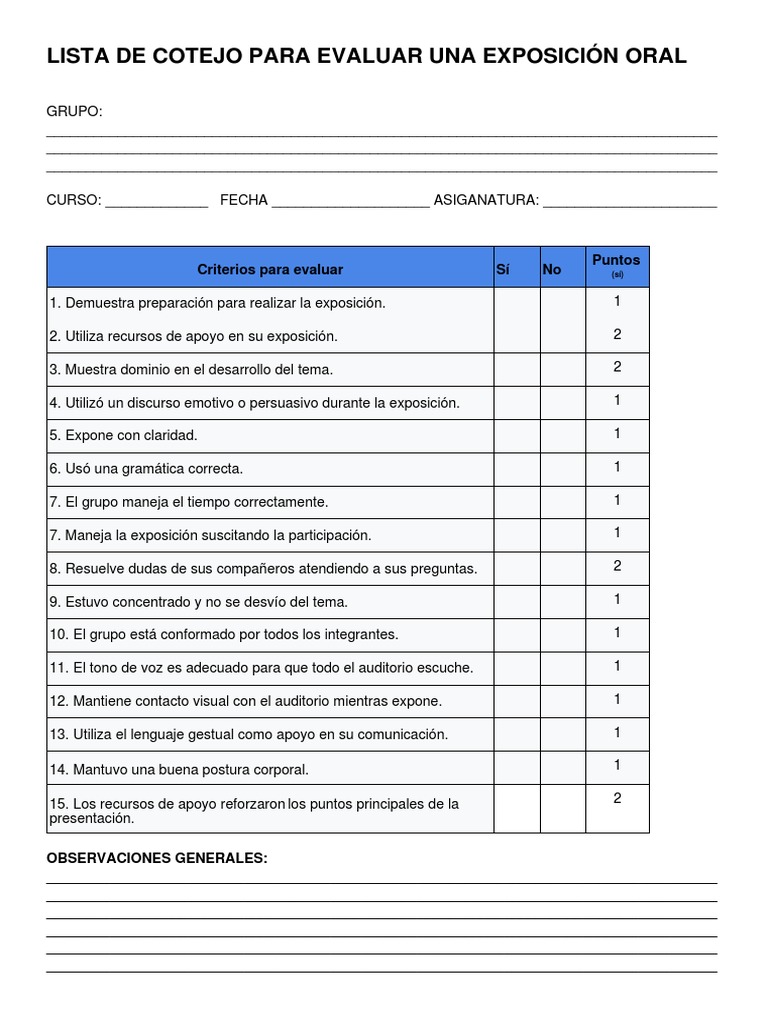 Lista de Cotejo - Exposición Oral | PDF