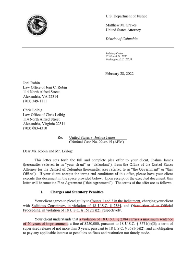 Plea Agreement for Joshua James | PDF | United States Federal ...