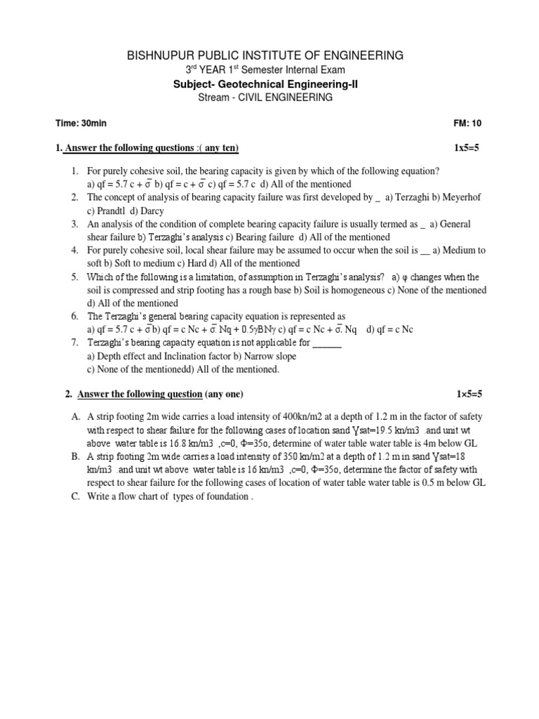 Bishnupur Public Institute 3rd Year Internal Exam Geotech Engineering ...