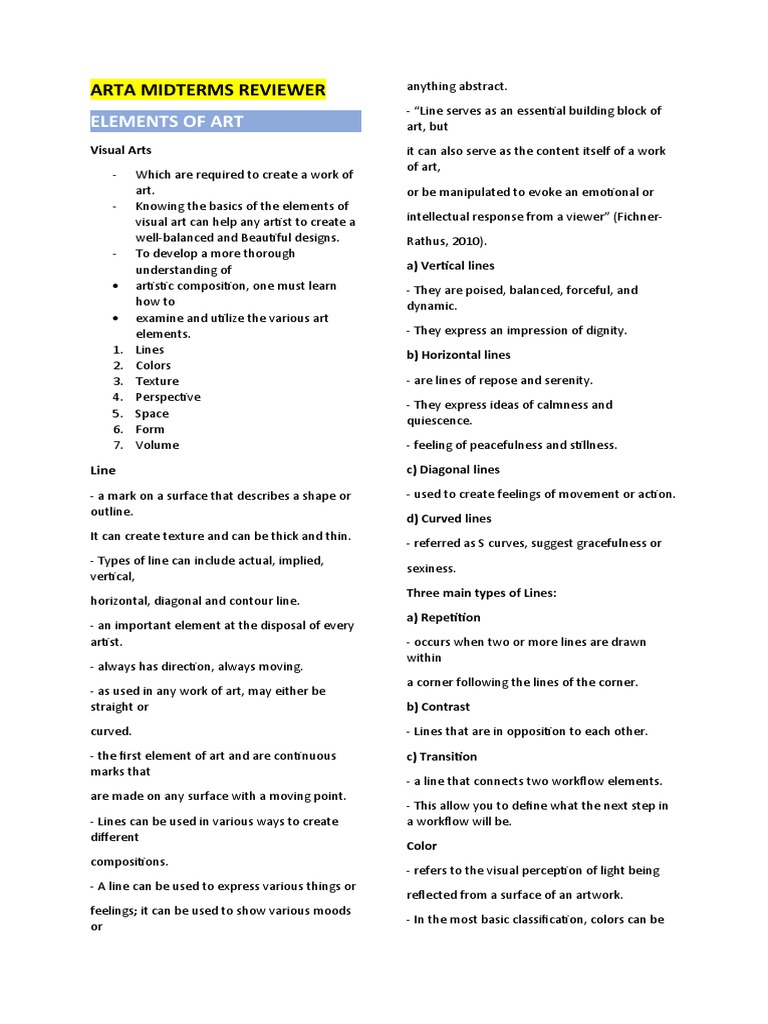 Elements of Art: Arta Midterms Reviewer | PDF | Composition (Visual Arts) | Color