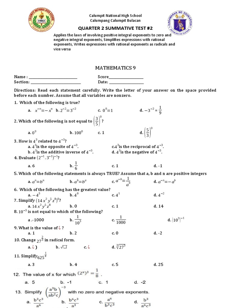Grade 9 - Quarter 2 - Summative 2 | PDF | Exponentiation | Rational Number