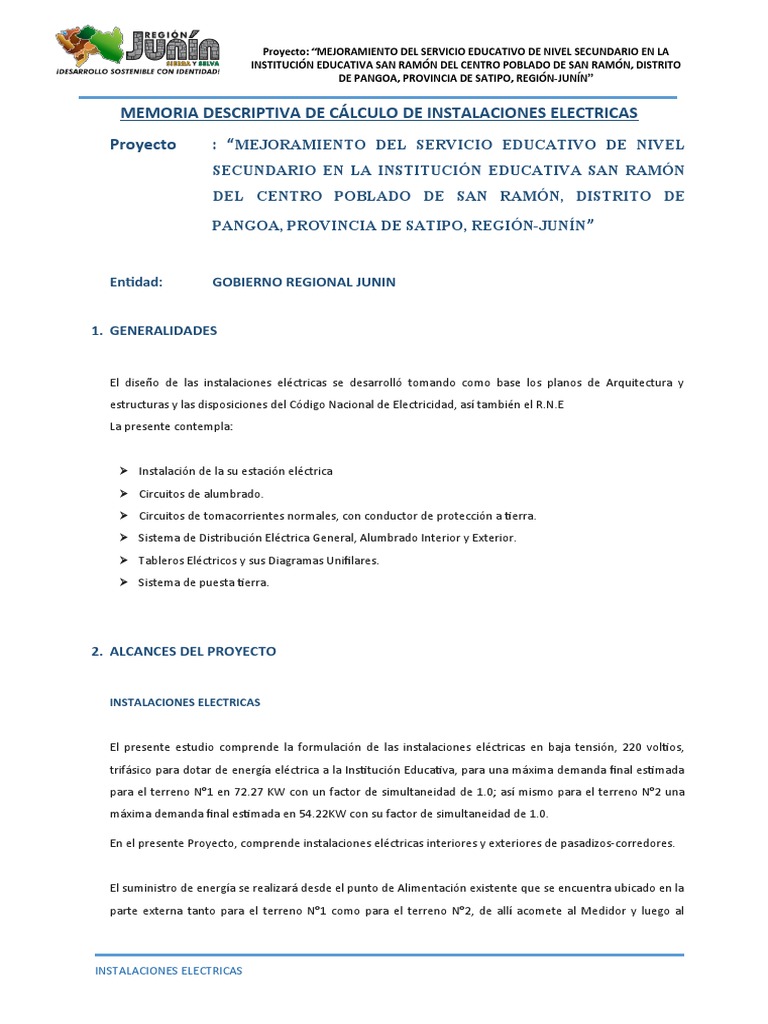 Memoria de Calculo Inst. Electricas | PDF | Cableado eléctrico | Corriente eléctrica