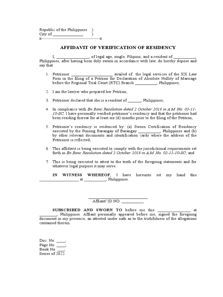 Affidavit of Verification of Residency For Annulment | PDF