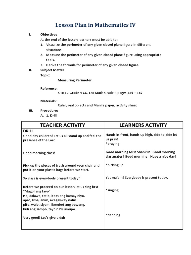 Lesson Plan in Mathematics IV: Teacher Activity Learners Activity | PDF ...