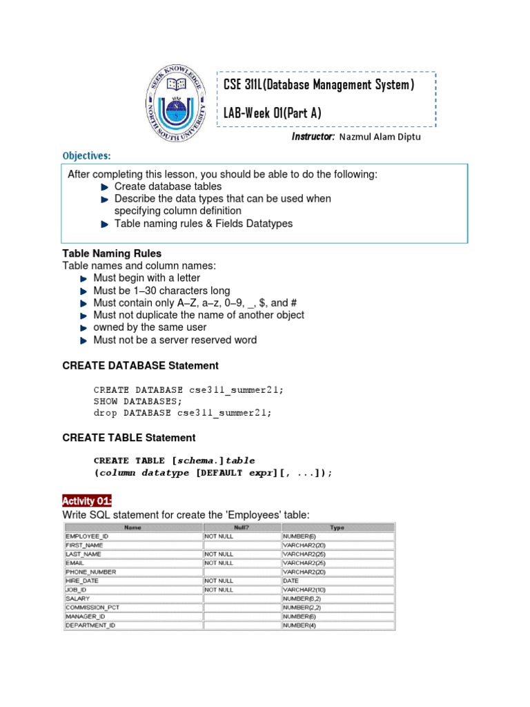 CSE 311L (Database Management System) LAB-Week 01 (Part A) : Objectives | PDF