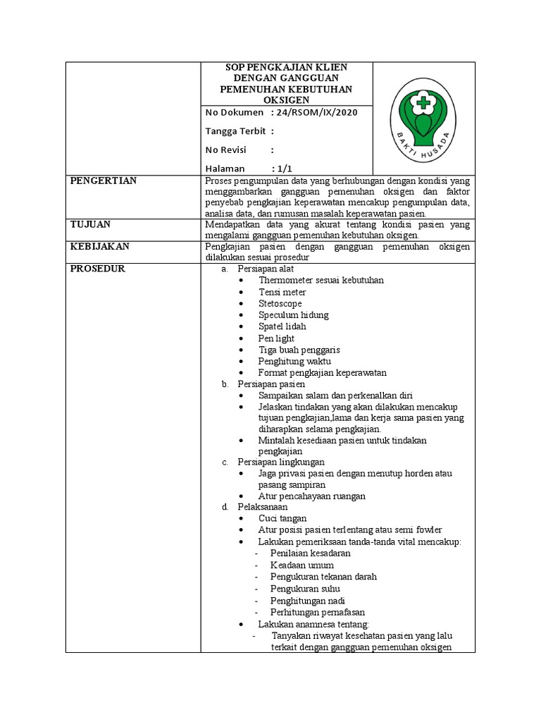 Sop Pengkajian Klien Dengan Gangguan Pemenuhan Kebutuhan Oksigen | PDF