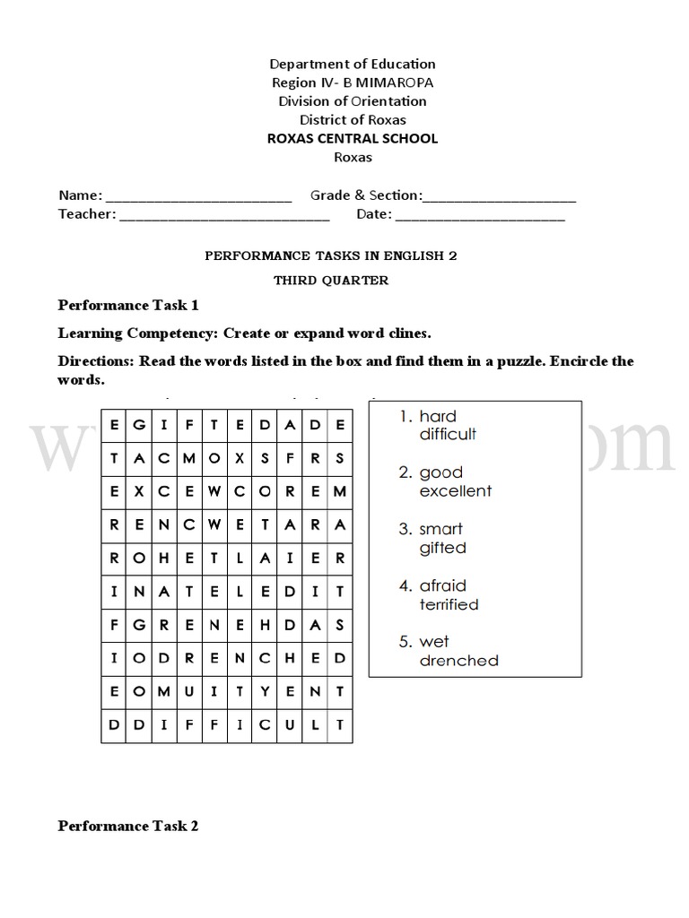 Grade 2 English Performance Tasks | PDF | Foreign Language Studies