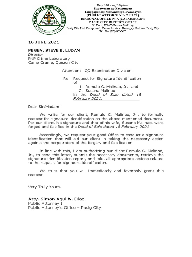 Letter Request PNP Crime Lab Signature Identification | PDF