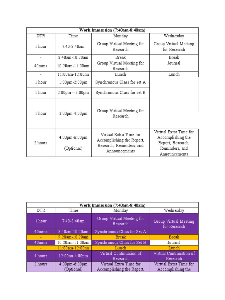 Weekly Work Immersion Schedule | PDF