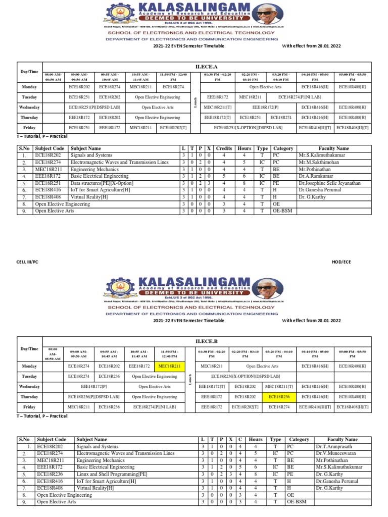II.ECE Timetable for Even Semester 2021-22 | PDF | Electronic ...