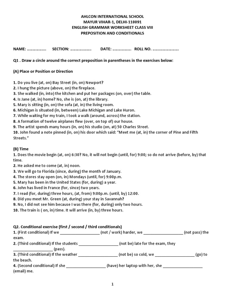 Preposition and Conditionals Worksheet Class-8th | PDF