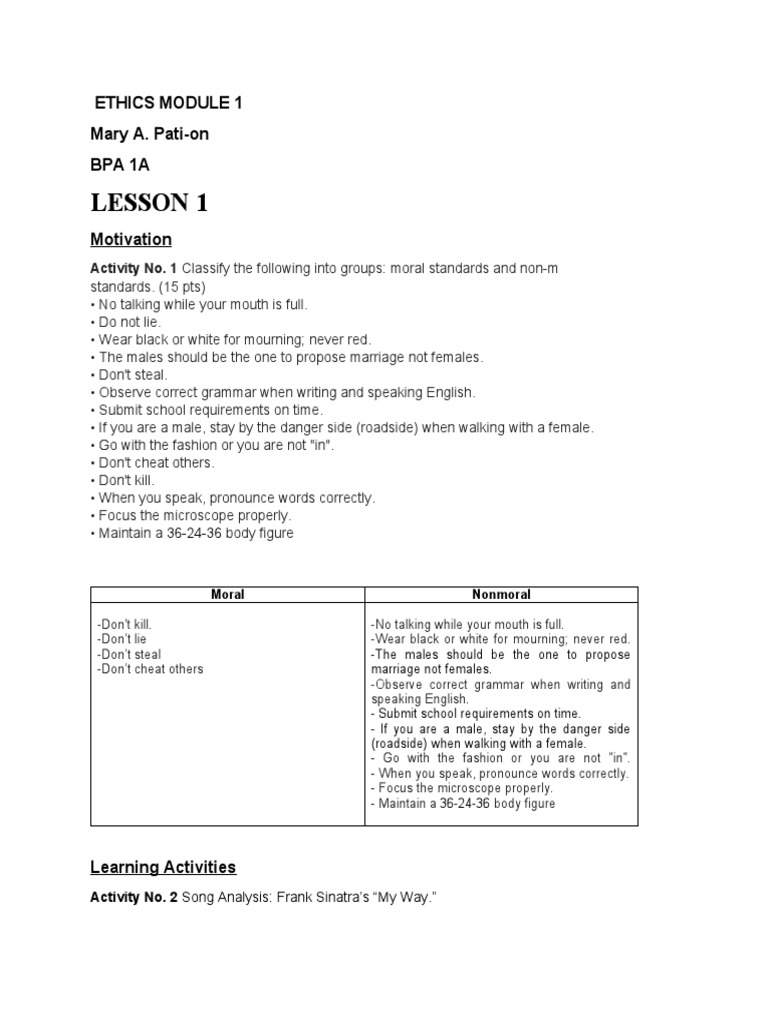 ETHICS MODULE 1 Answer | PDF | Morality | Relativism