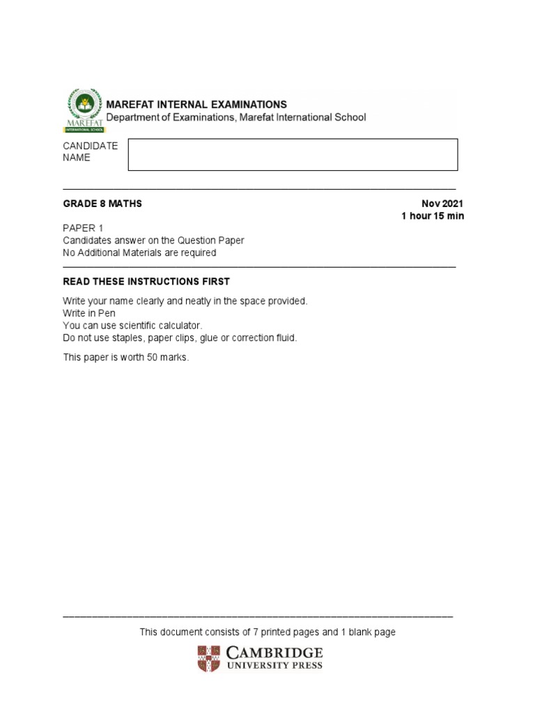 Term 1 - Paper 1 Grade 8 | PDF | Elementary Mathematics | Arithmetic
