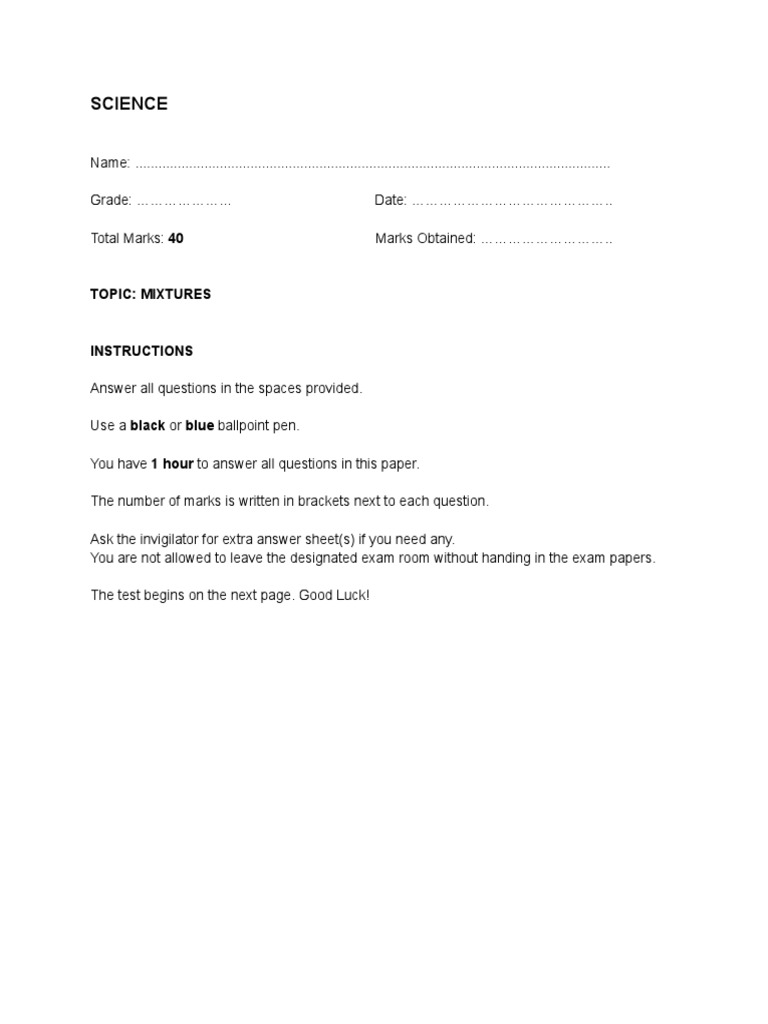 Grade 7 Science: Mixtures Exam Guide | PDF | Science & Mathematics
