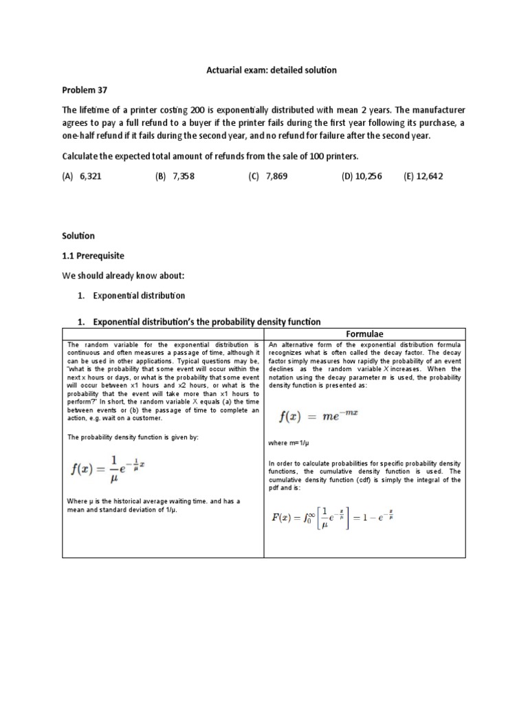 Actuarial Exam: Detailed Solution Problem 37 | PDF | Probability Density Function | Random Variable