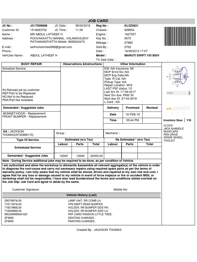 Job Card: Inventory Desc Y/N | Download Free PDF | Motor Vehicle ...