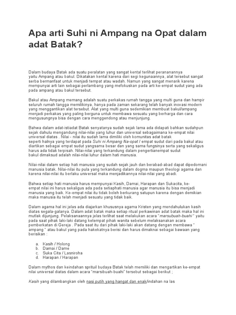 Apa Arti Suhi Ni Ampang Na Opat Dalam Adat Batak | PDF