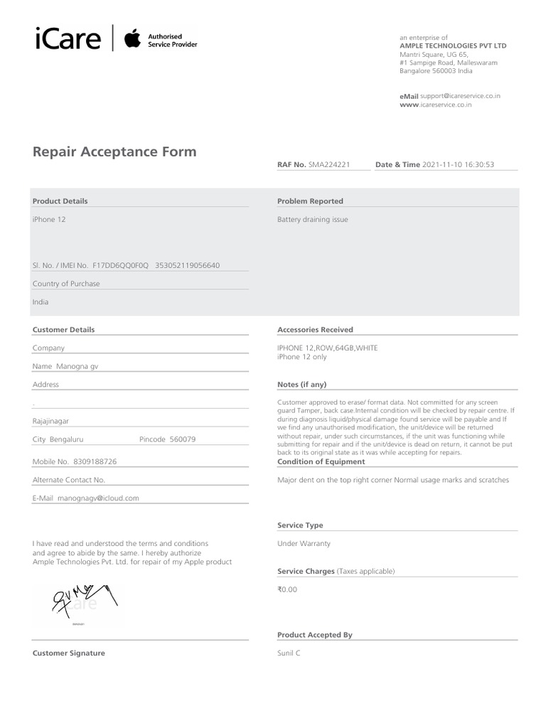 Repair Acceptance Form: Raf No. Date & Time | PDF | Ios | Computer Science