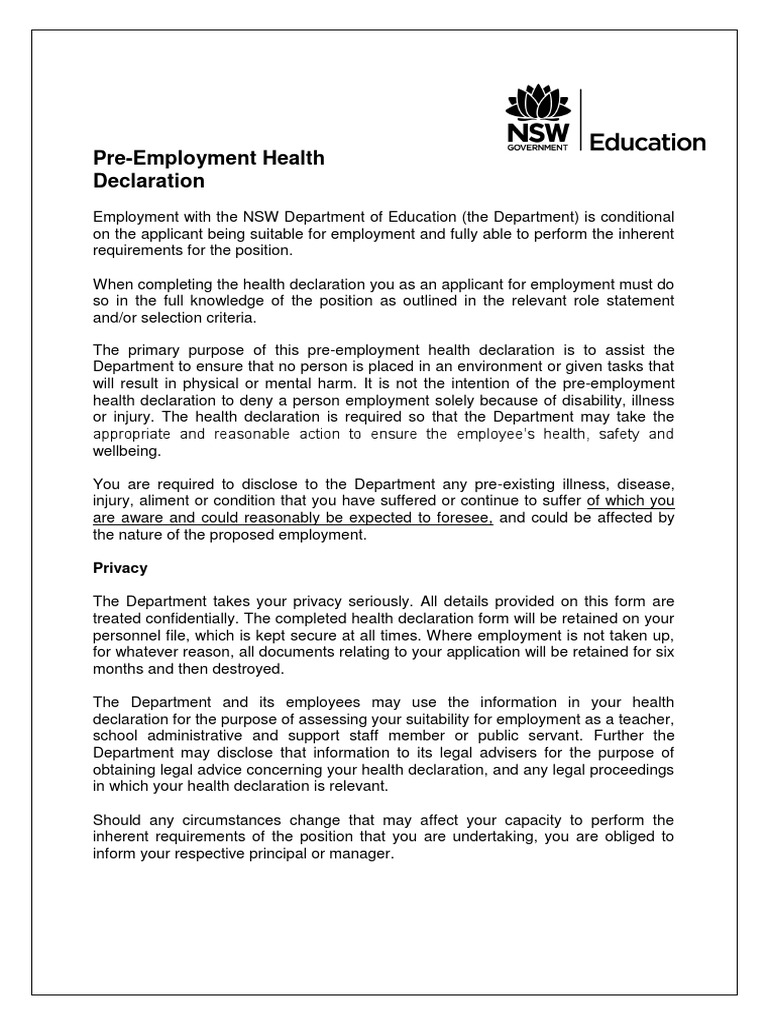 Pre Employment Health Declaration Form | PDF | Employment | Privacy
