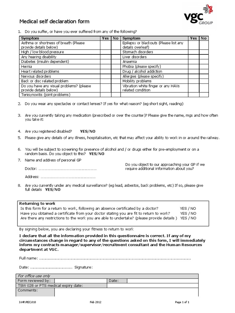 Medical Self Declaration Form | PDF | Clinical Medicine | Diseases And ...