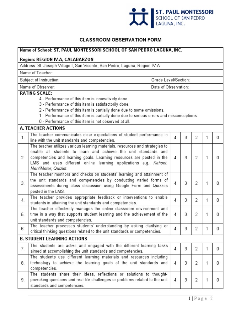 Classroom Observation Form: St. Paul Montessori | PDF | Teachers | Learning