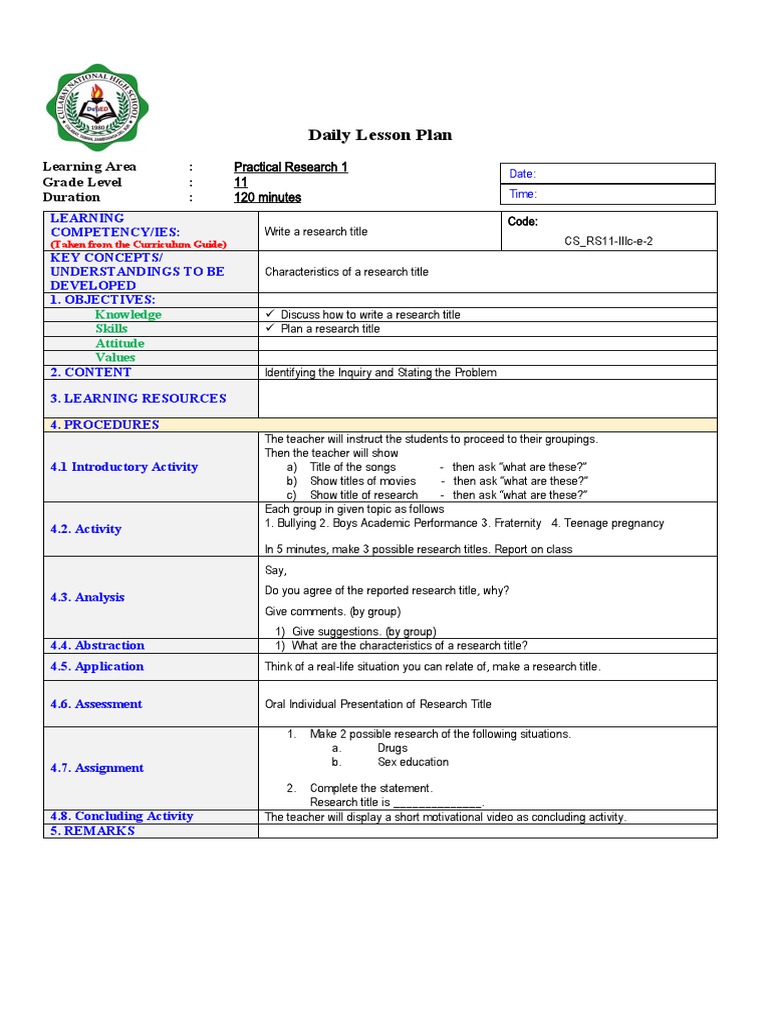 Daily Lesson Plan: Practical Research 1 11 120 Minutes | PDF | Lesson ...