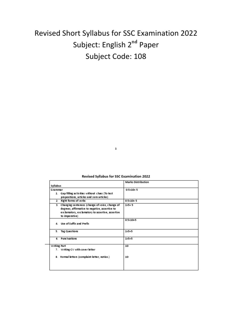 Revised Short Syllabus For SSC Examination 2022 Subject: English 2 ...