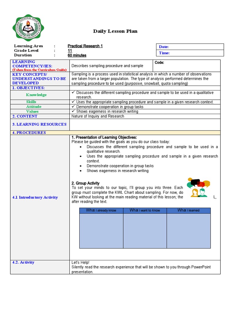 Daily Lesson Plan: Learning Area: Grade Level: Duration | PDF ...