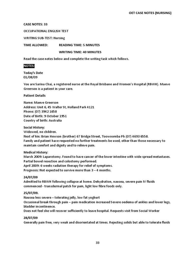 Notes:: Oet Case Notes (Nursing) | PDF | Palliative Care | Pain