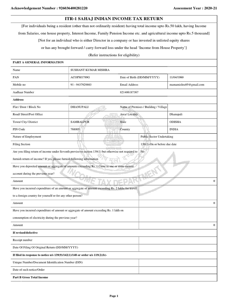 Itr-1 Sahaj Indian Income Tax Return: Acknowledgement Number ...