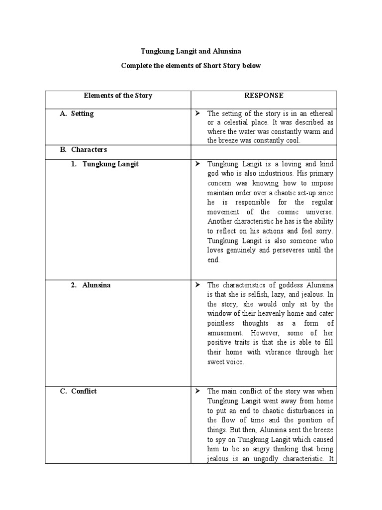 Tungkung Languit and Alunsina Activity (Element of A Short Story) | PDF