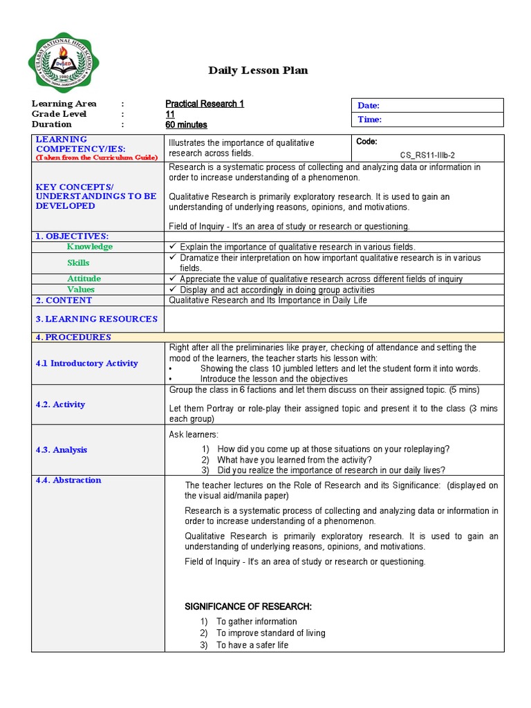 Daily Lesson Plan: Learning Area: Practical Research 1 Grade Level: 11 ...