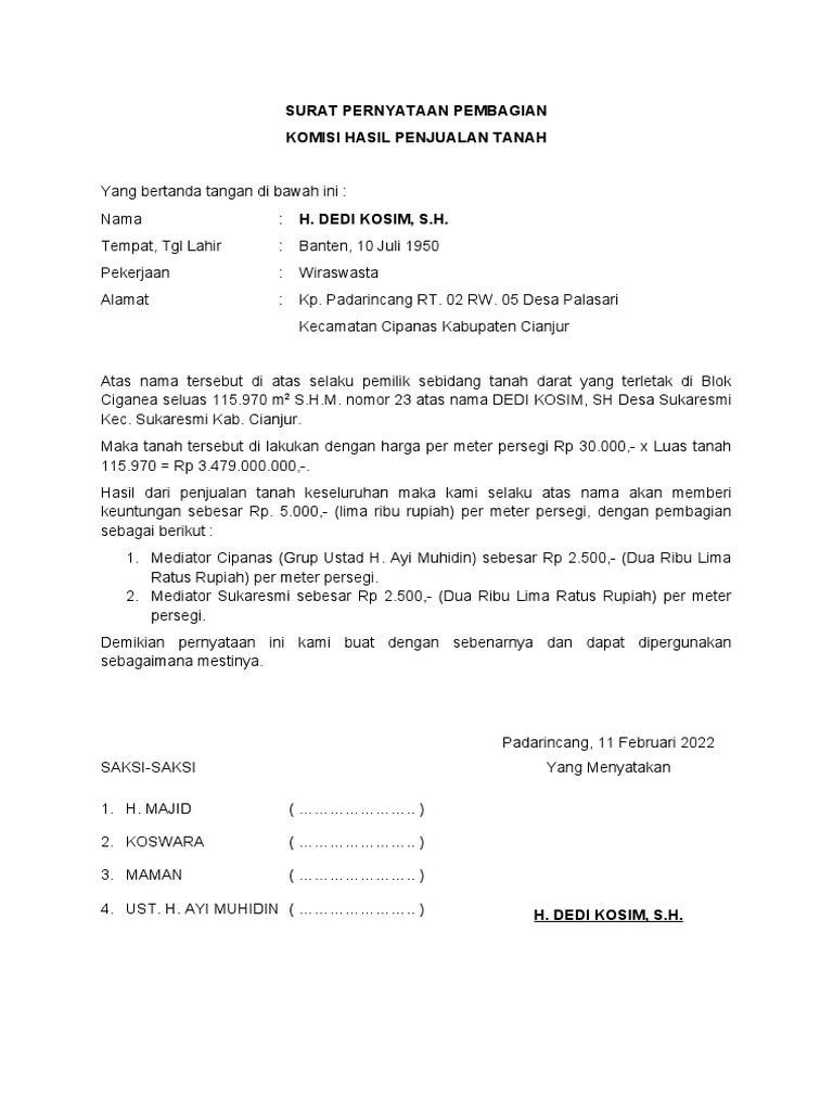 SURAT PERNYATAAN PEMBAGIAN Komisi | PDF