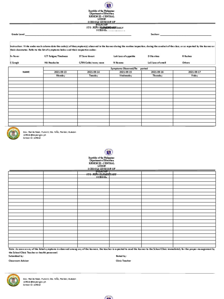 Daily Classroom Summary Montoring Form | PDF | Common Cold | Symptoms ...
