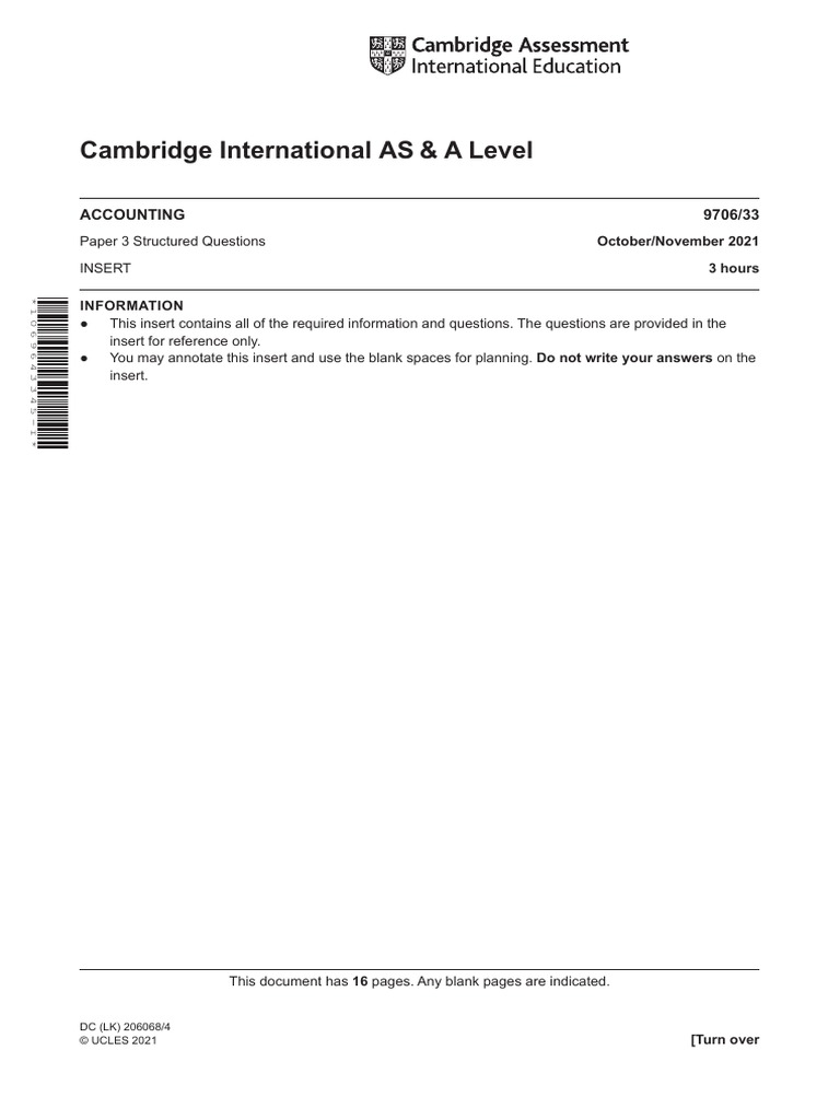 Cambridge International AS & A Level: ACCOUNTING 9706/33 | PDF