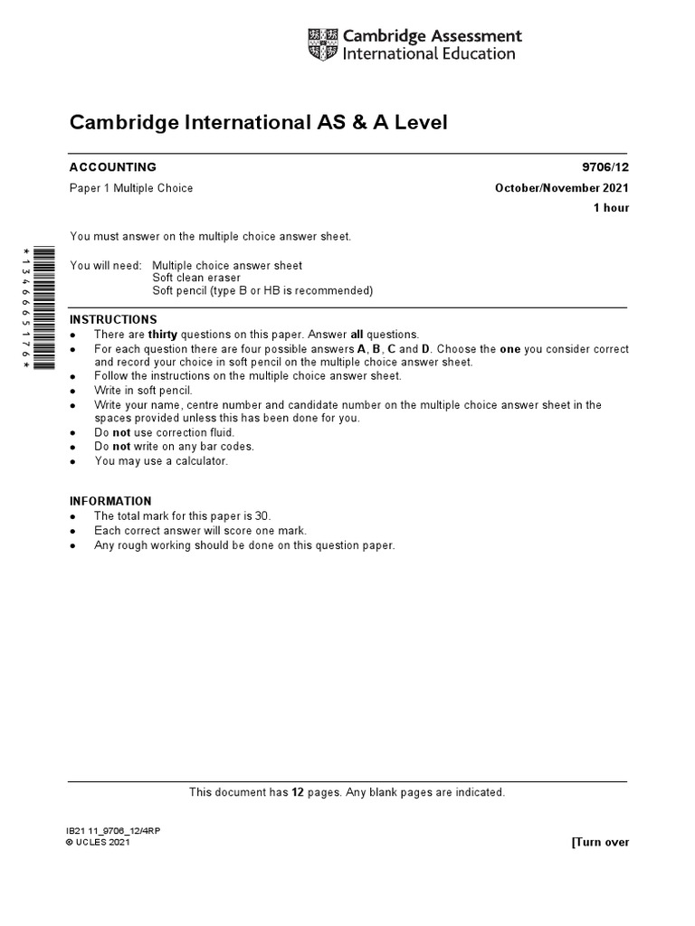 Cambridge International AS & A Level: Accounting 9706/12 | PDF