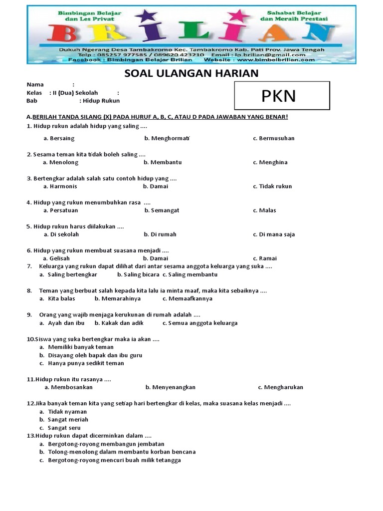 Soal PKN Kelas 2 SD Bab 1 Hidup Rukun Dan Kunci Jawaban WWW ...