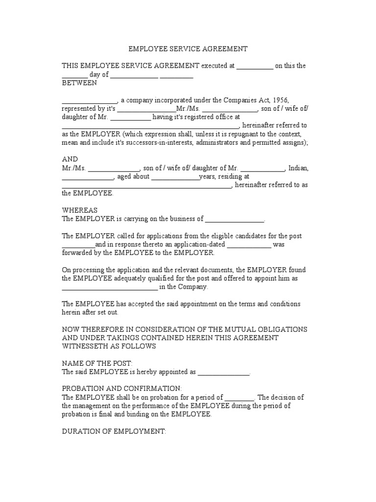 Employee Service Agreement Sample | PDF | Employee Benefits | Employment