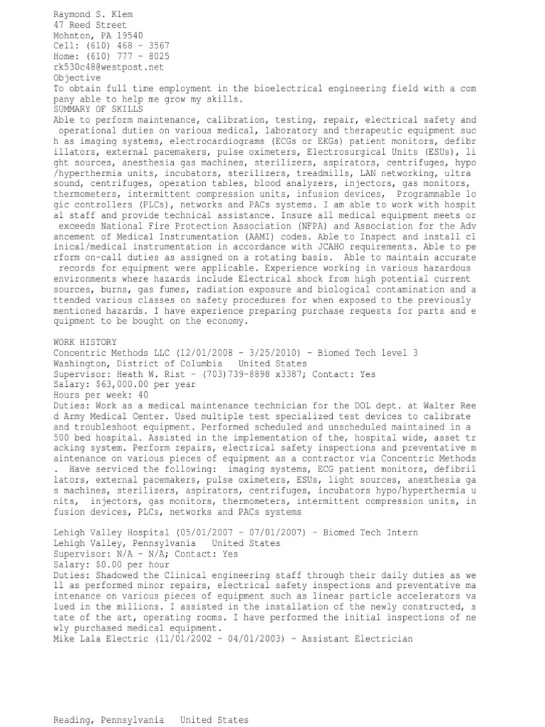 Biomedical Electronics Technician Resume | PDF | Biomedical Engineering ...
