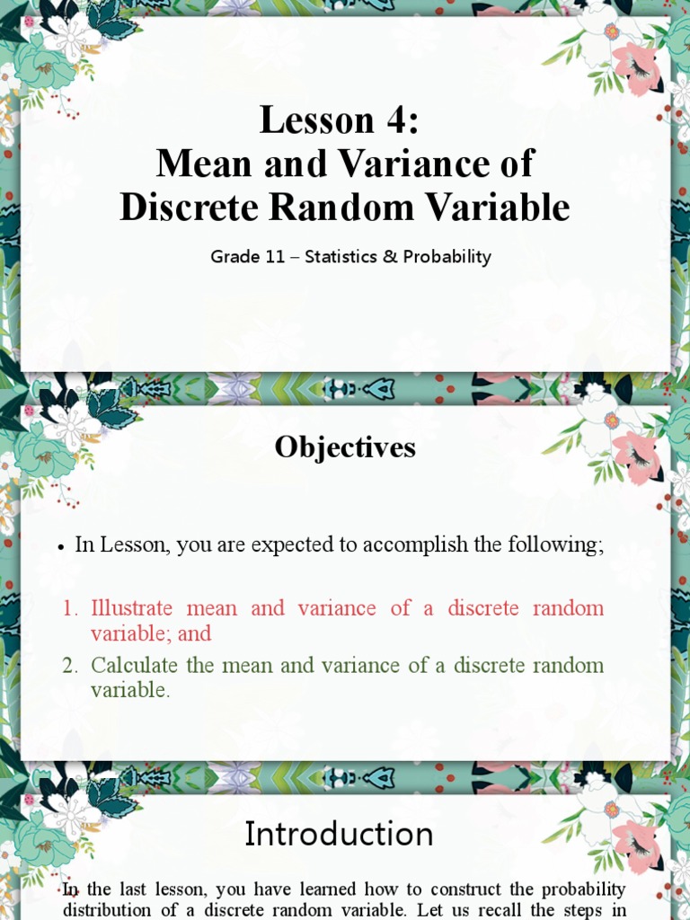 Lesson 4: Mean and Variance of Discrete Random Variable: Grade 11 - Statistics & Probability ...