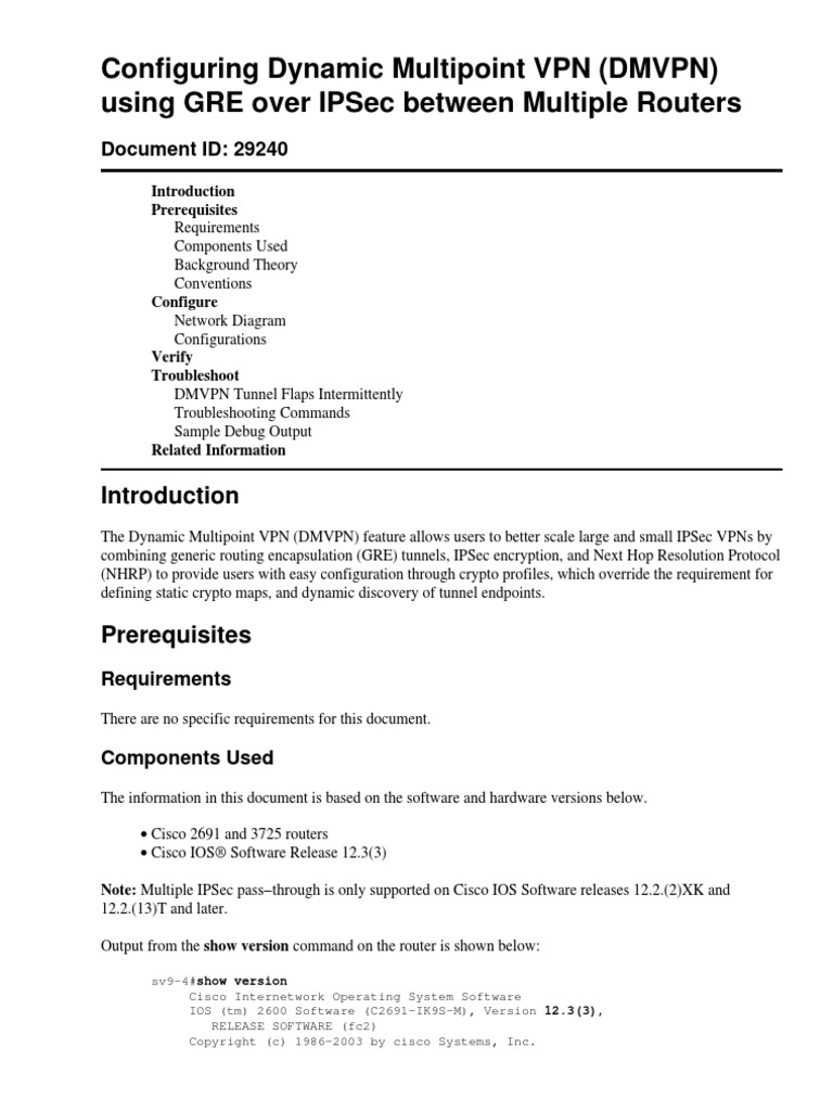 Configuring Dynamic Multi Point VPN (DMVPN) Using GRE Over IPSec Between Multiple Routers | PDF ...