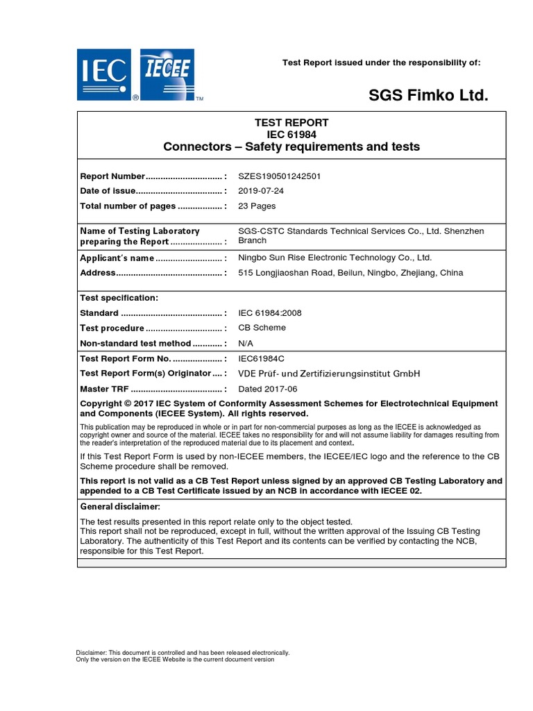 SGS Fimko LTD.: Connectors - Safety Requirements and Tests | PDF