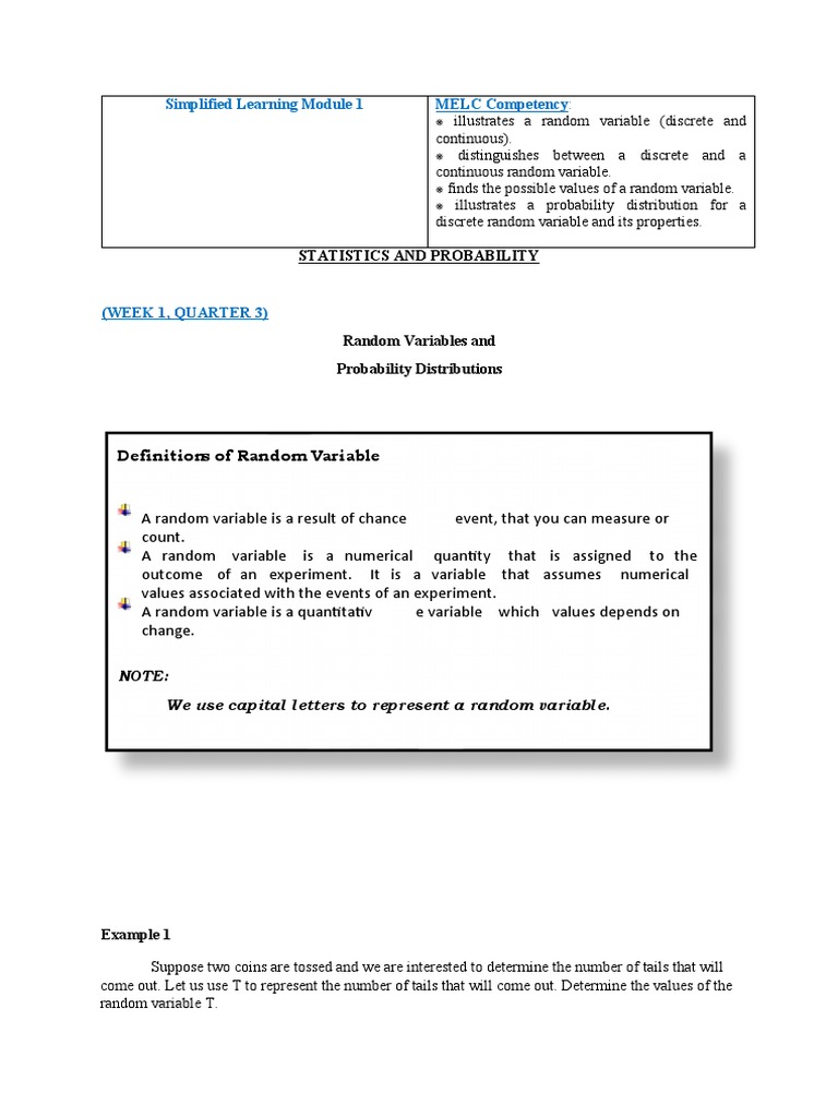 Simplified Learning Module 1 MELC Competency:: Statistics and Probability | PDF | Probability ...