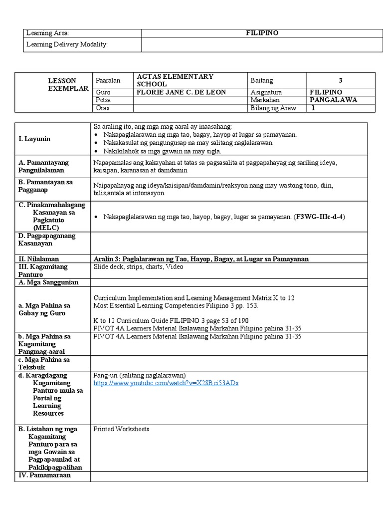 Lesson Exemplar in Elementary Filipino Grade 3 | PDF