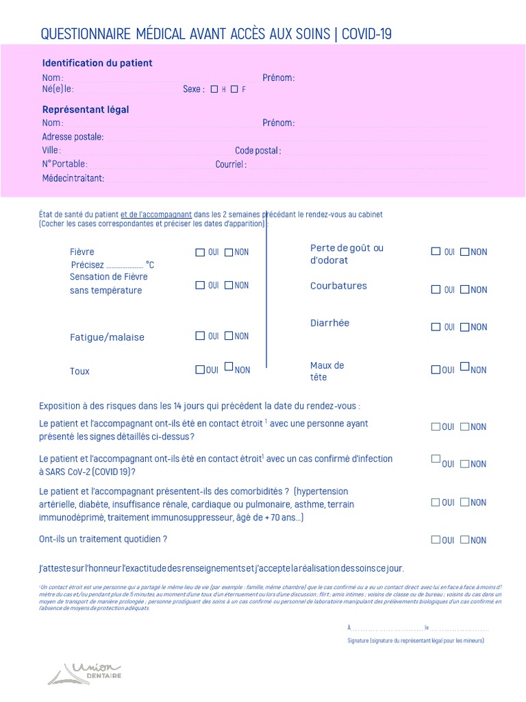COVID 19 - Questionnaire Médical Fiche Patient | PDF | Médecine ...