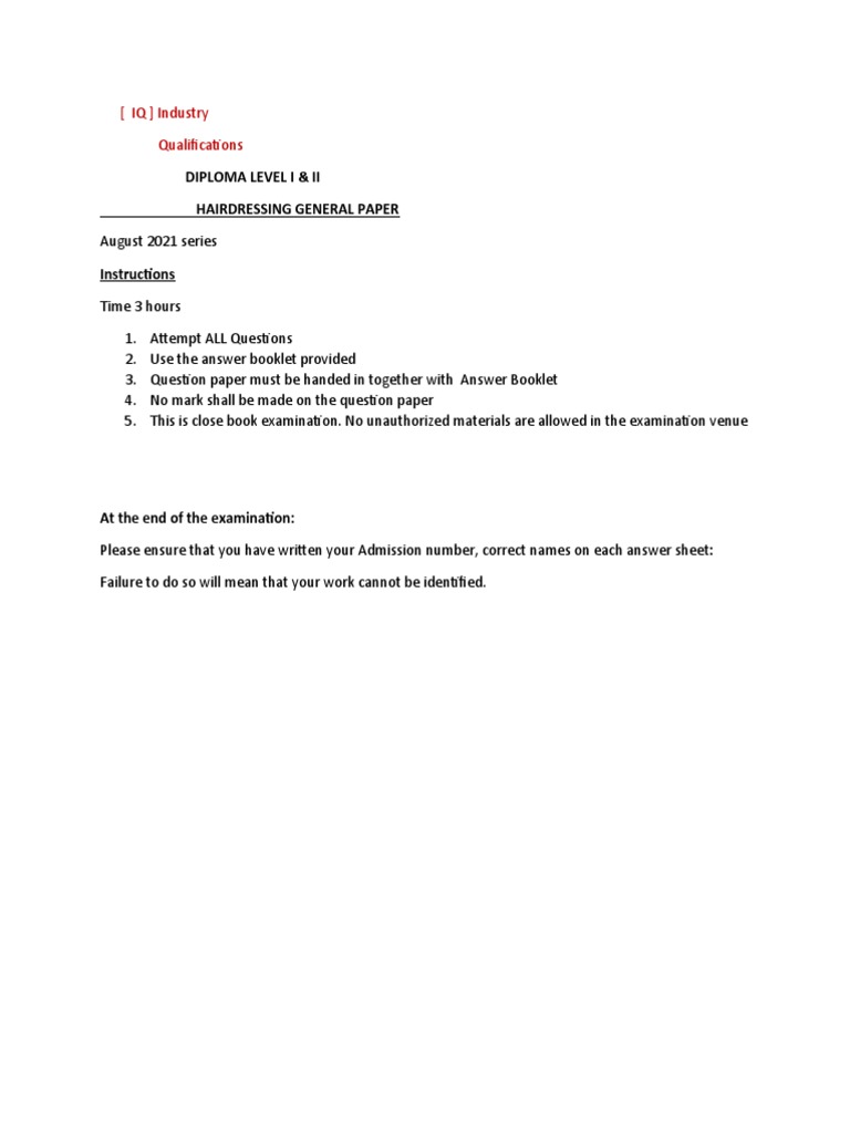 Hairdressing General Paper | PDF