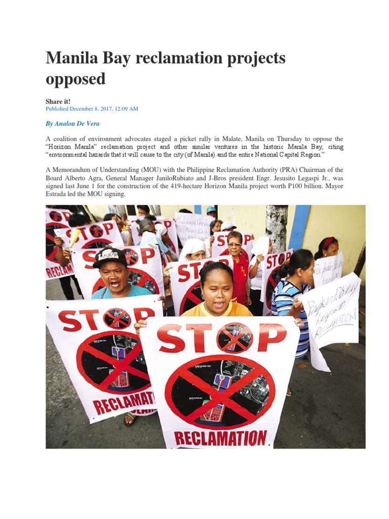 Manila Bulletin - Vera - Manila Bay Reclamation Projects Opposed | PDF ...
