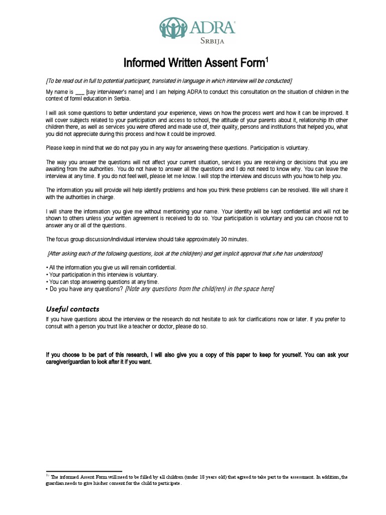 Informed Written Assent Form | PDF | Interview | Focus Group