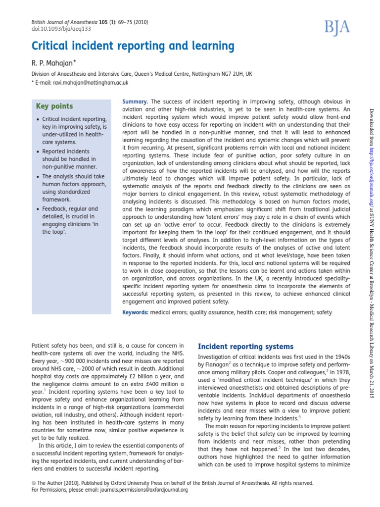 Critical Incident Reporting and Learning: Key Points | PDF | Patient ...
