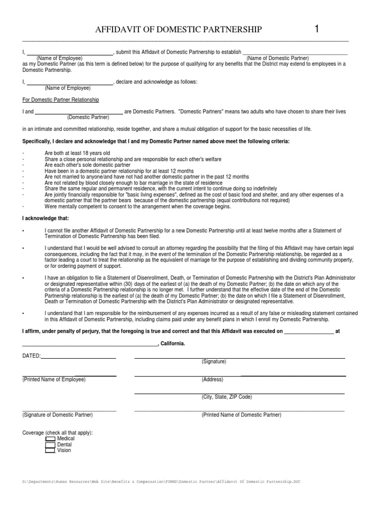 Domestic Partnership Affidavit Form | PDF